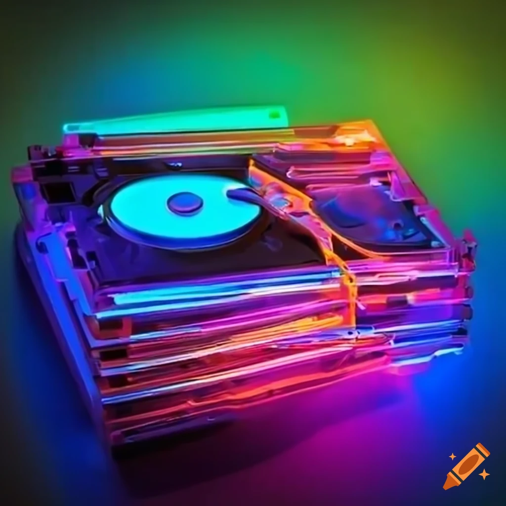 A stack of futuristic hard drives glowing in neon colors