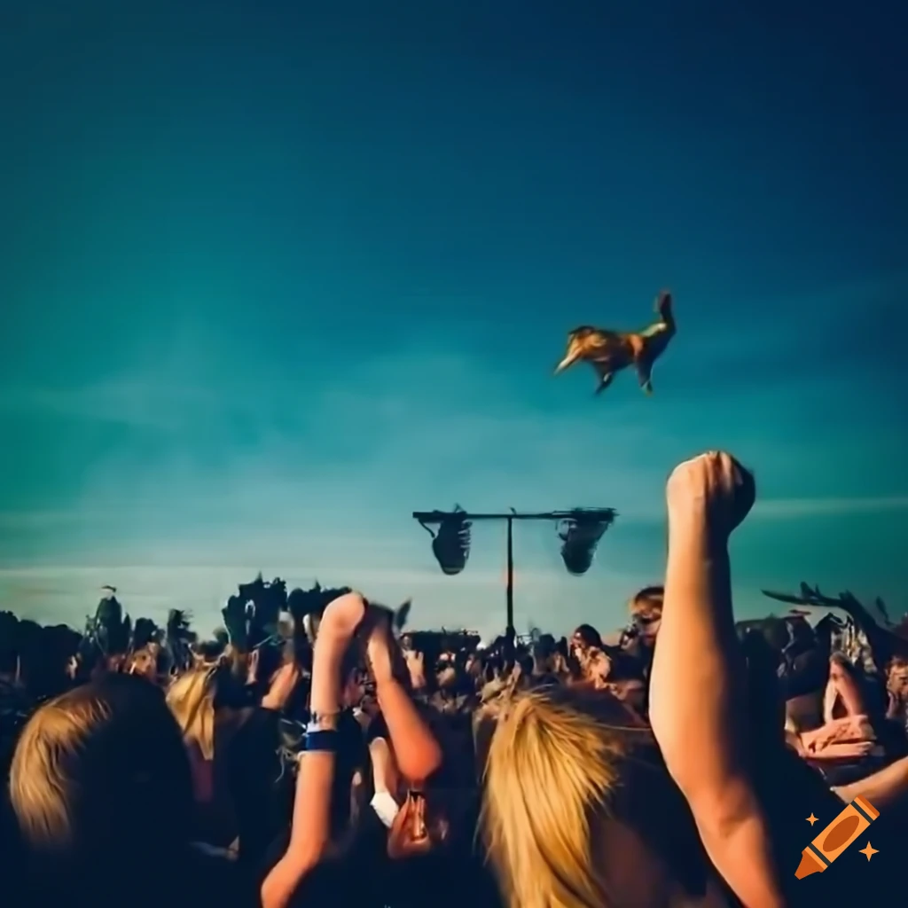 Cat jumping over festival crowd in the distance, high aperture on Craiyon