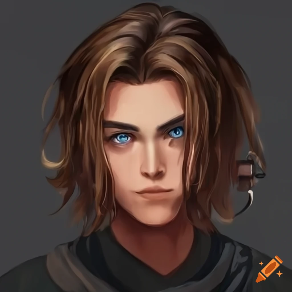 Male streamer with long brown hair and blue eyes on Craiyon