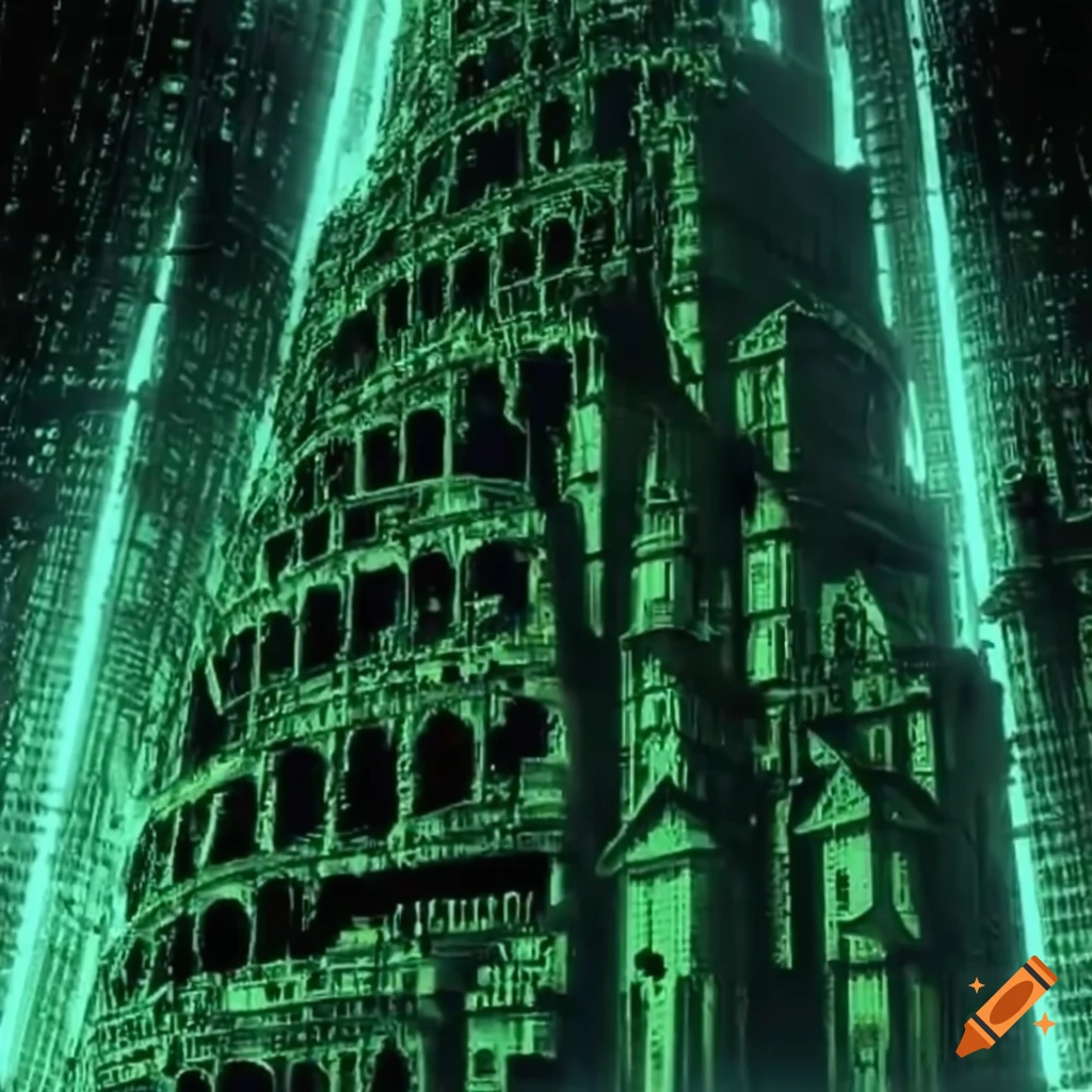 The tower of babel disintegrating into matrix code on Craiyon