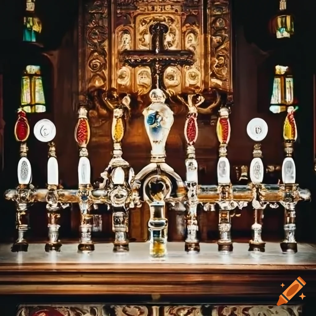 An ornate beer tap design in the style of catholic symbols