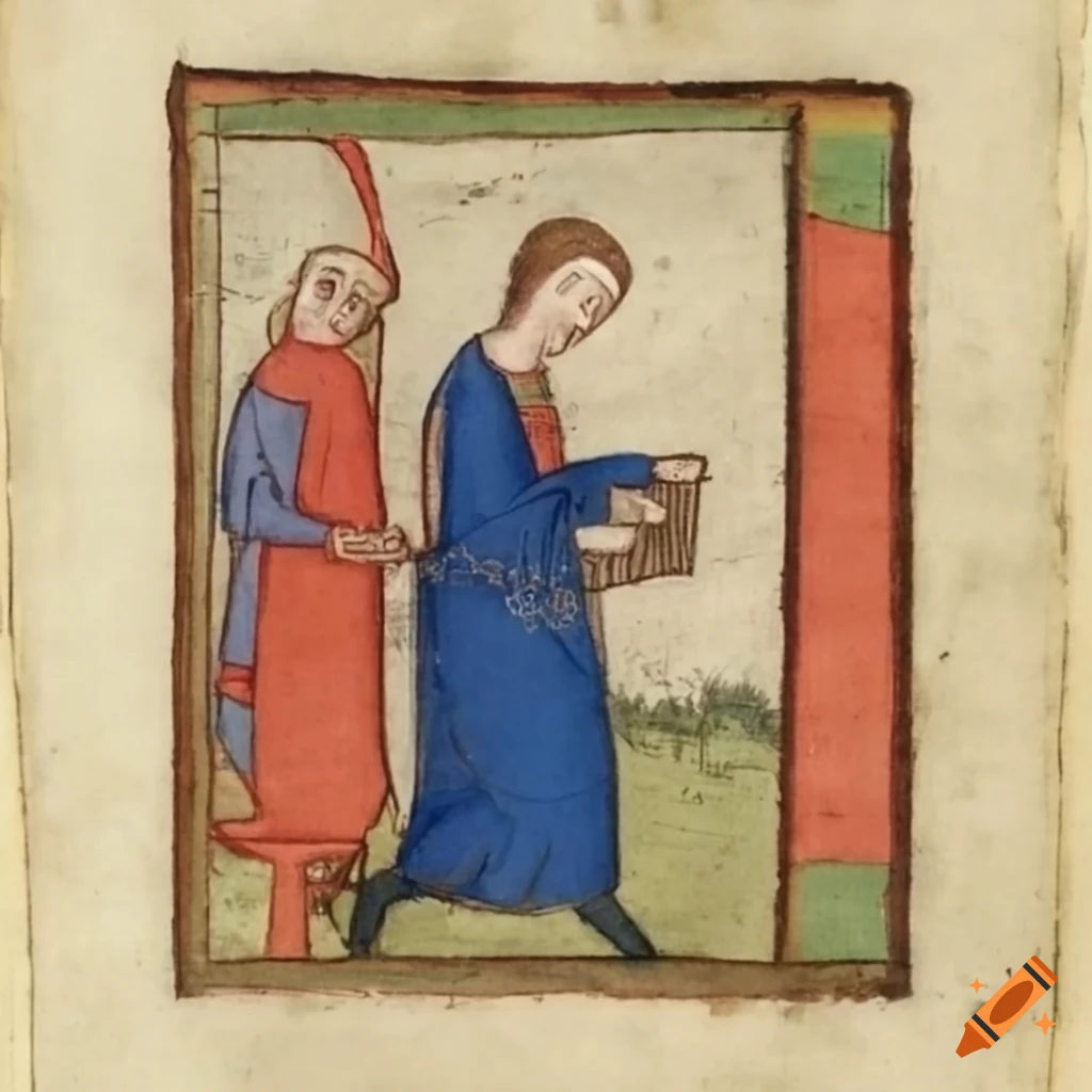 Medieval peasant in a field using a computer, codex, manuscript ...