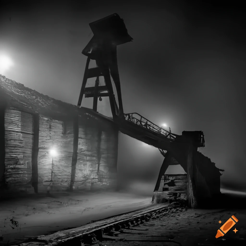 Striking monochromatic photograph of a coal mine in the night