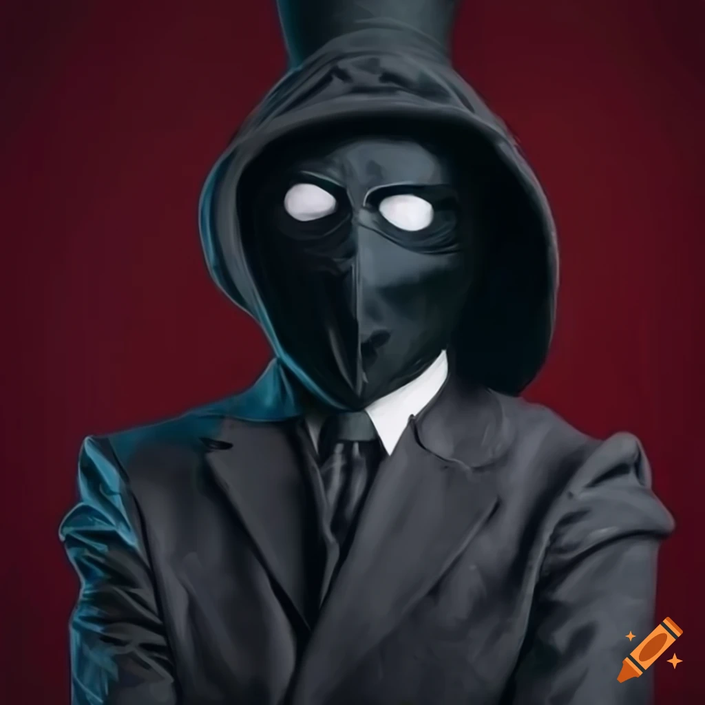 A man in a black masked suit and hat, with white eyes