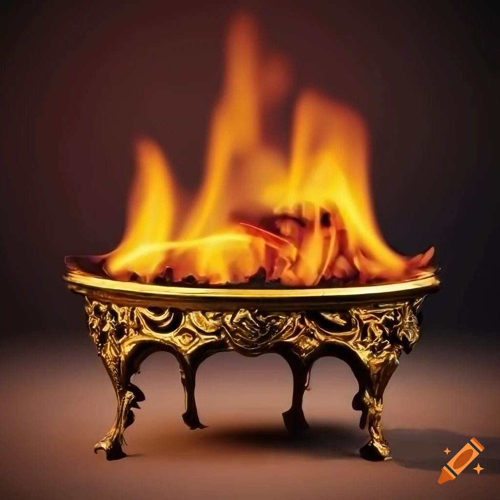High resolution photo of ancient ornate golden brazier with fire ...