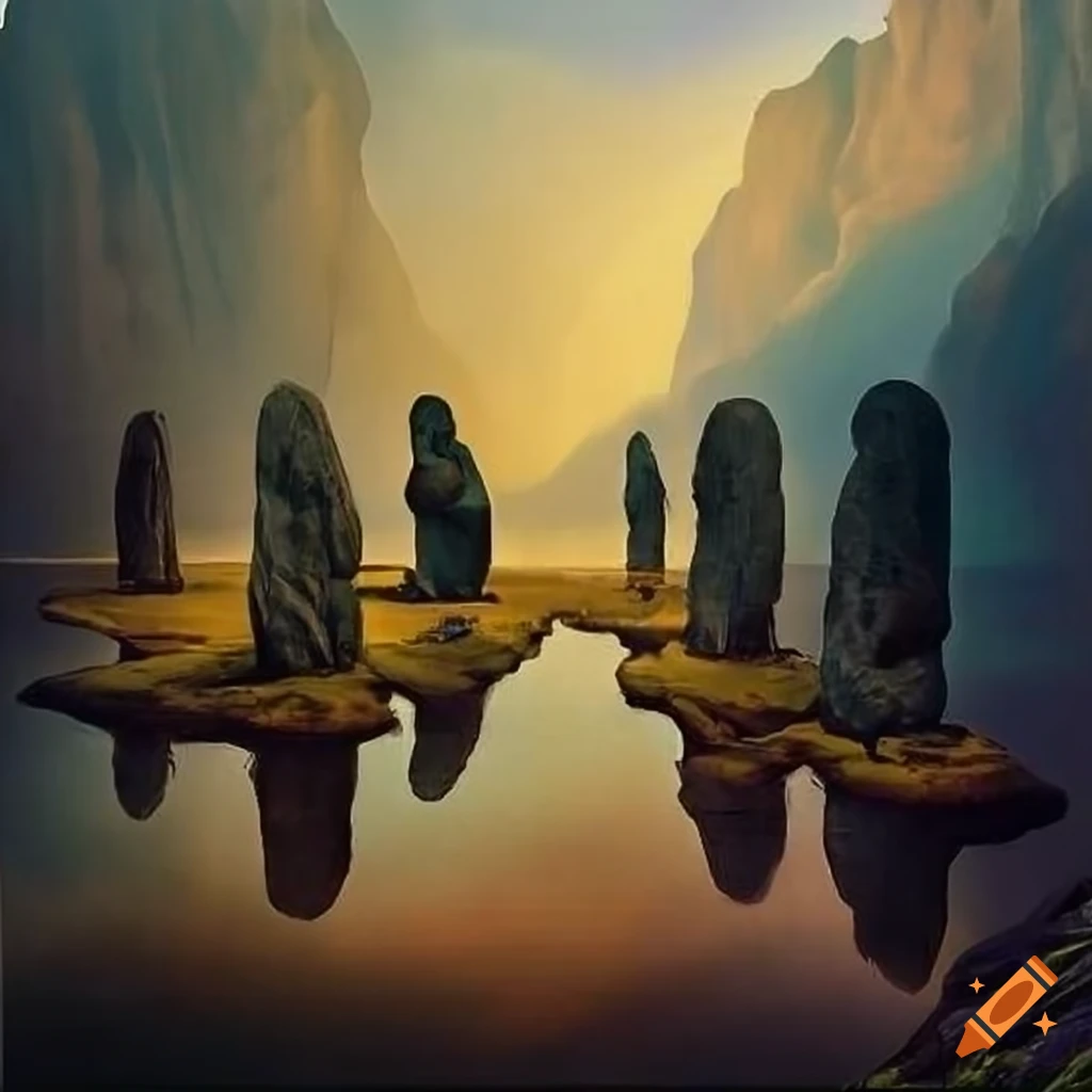 Row of floating ancient celtic stone statues by nc wyeth on Craiyon