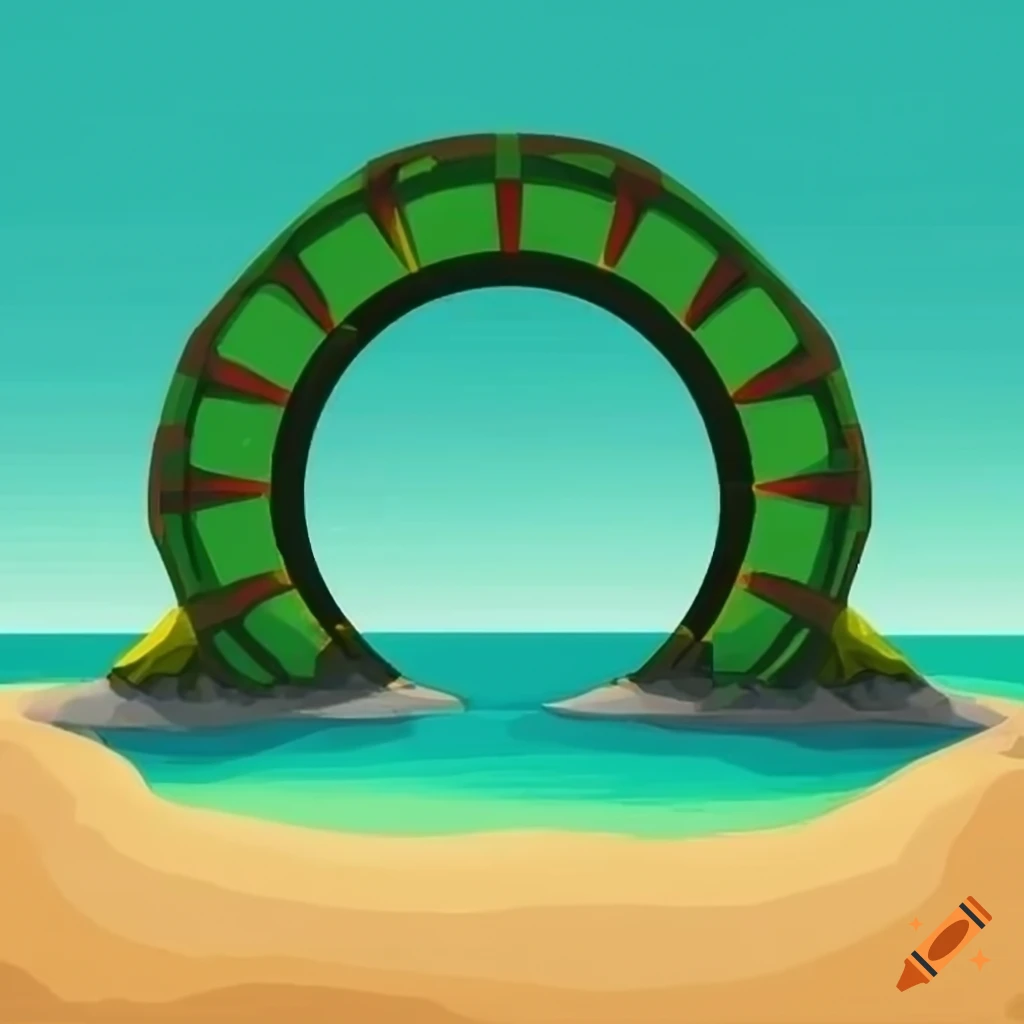 A green colored stargate standing in the middle of a beach with a ...