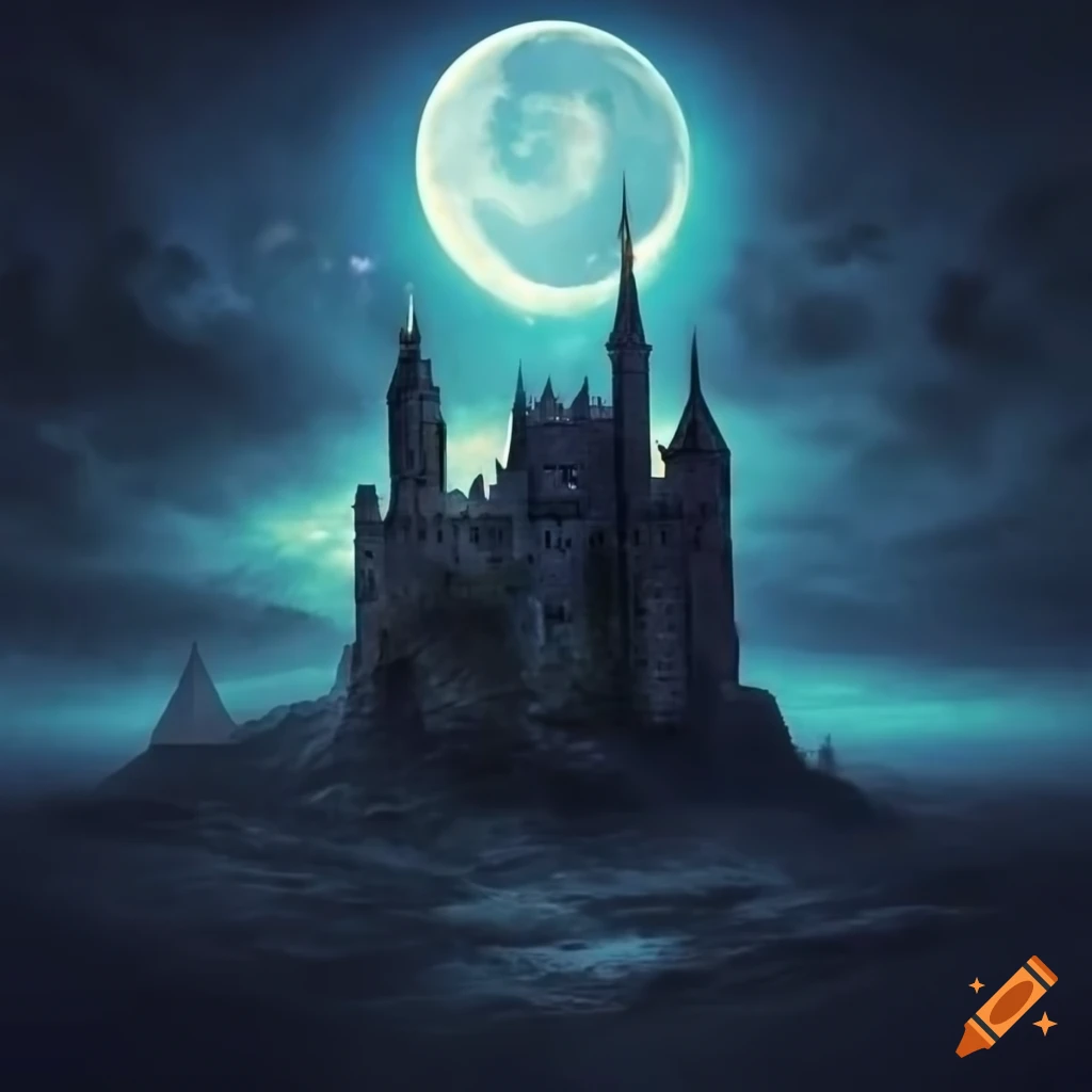 Birds eye view of a dark castle gleaming under the moonlight