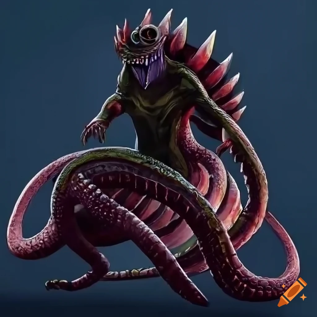 Reptilian monster with only one eye, wide mouth, sharp curving teeth ...