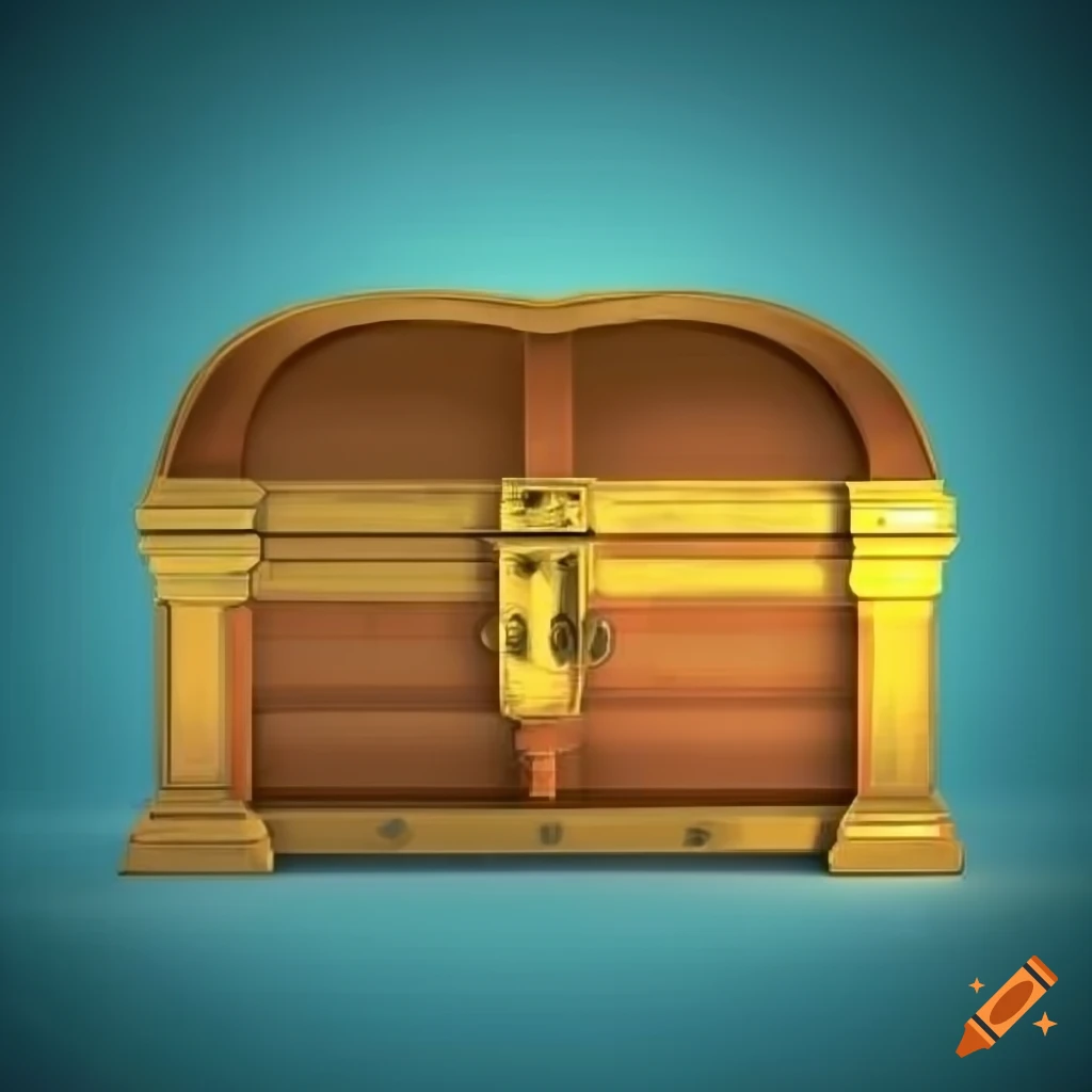 A large old gold chest on a white background with a cartoon rendering ...
