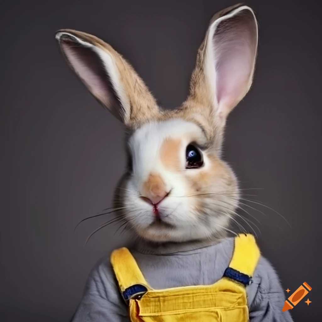 Portrait of anthropomorphic young rabbit wearing overalls on Craiyon