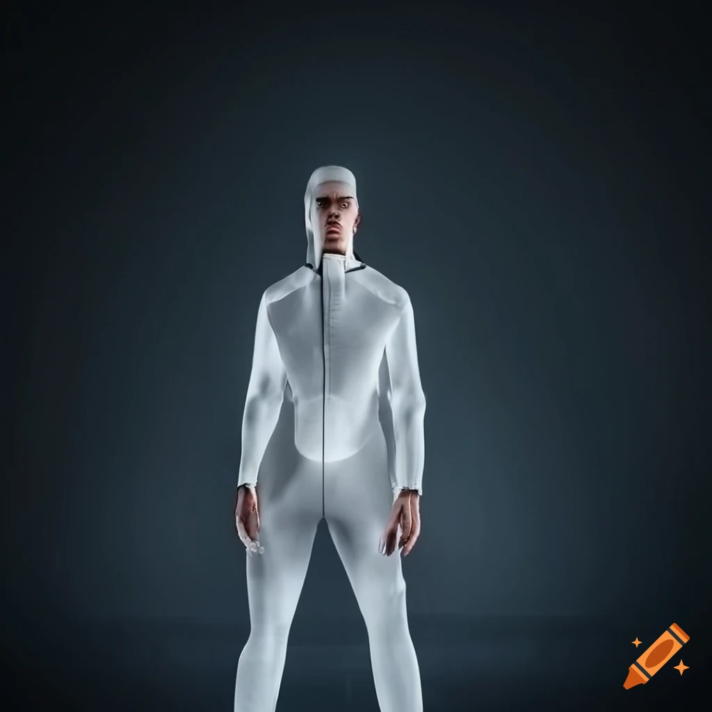 Futur man in a fashionable futuristic white jumpsuit ...
