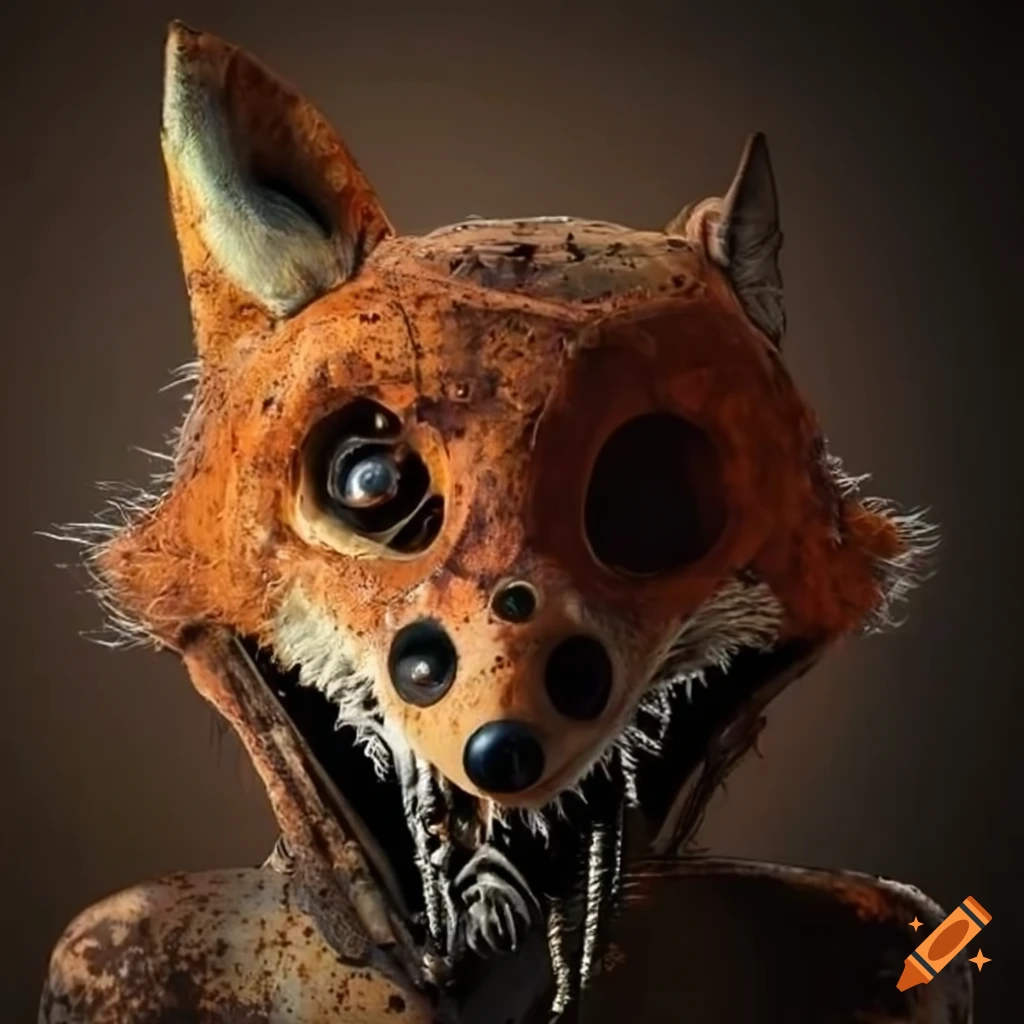 A old rusty animatronic fox with holes in the torso