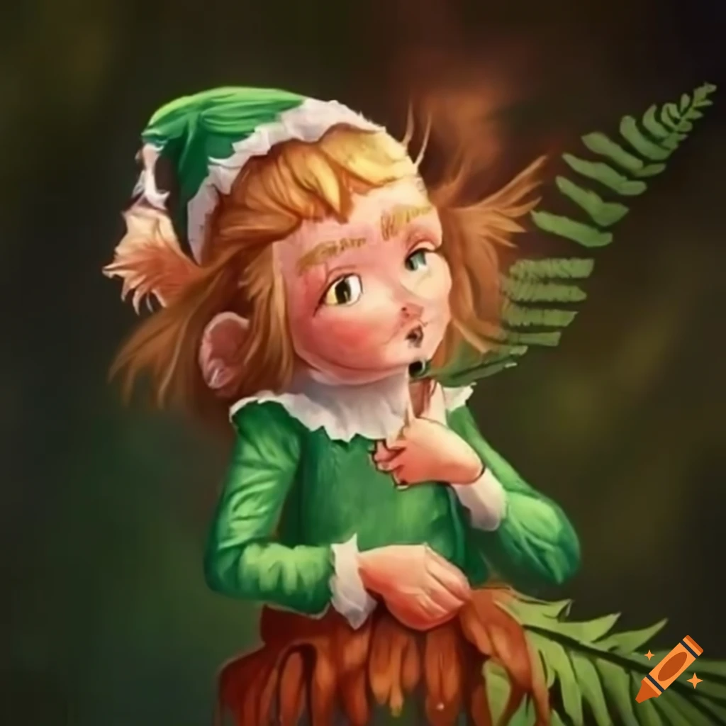 Draw a laughing woodland elf working on paper. add lots of ferns on Craiyon