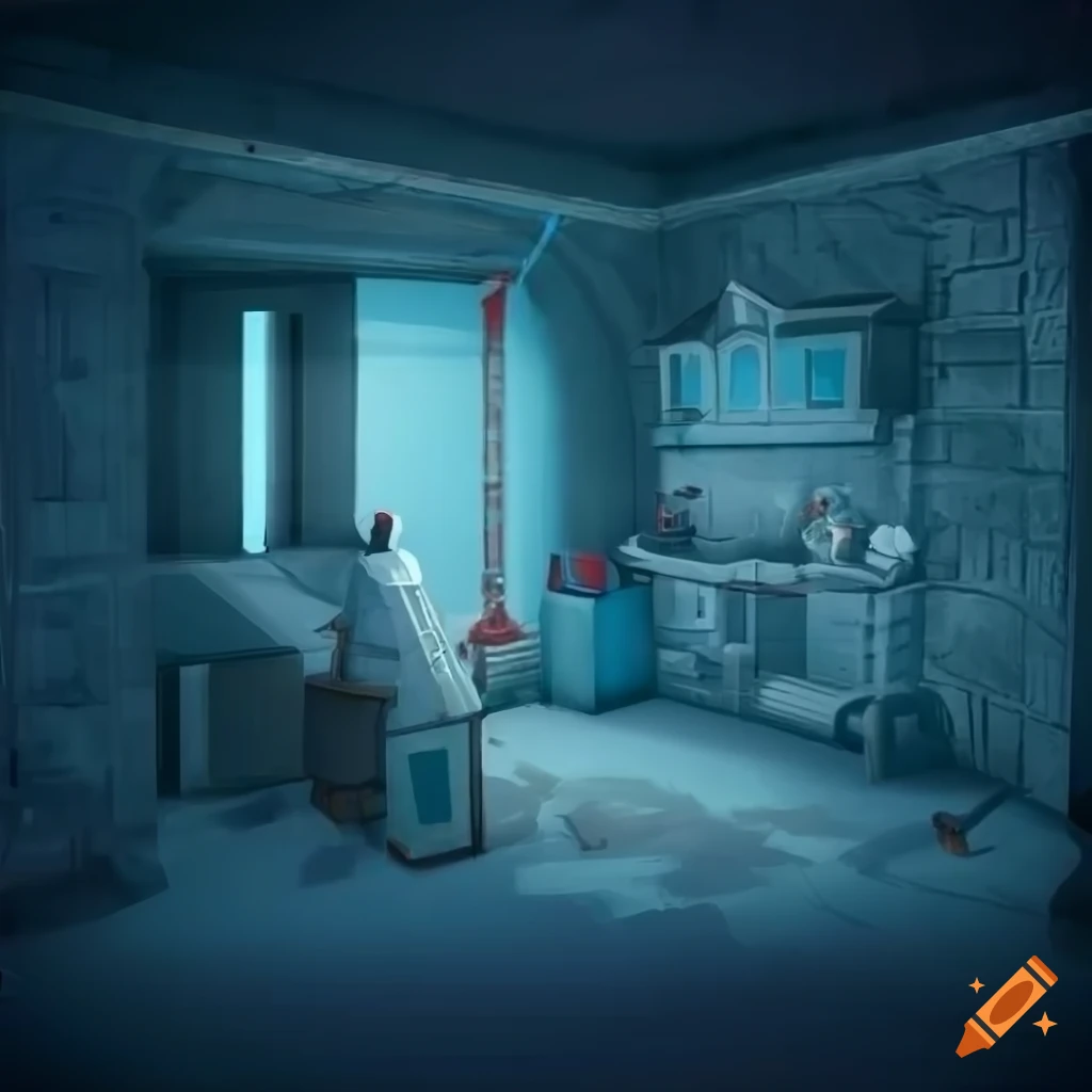 Illustrated game environment- interior of a mysterious house of a ...