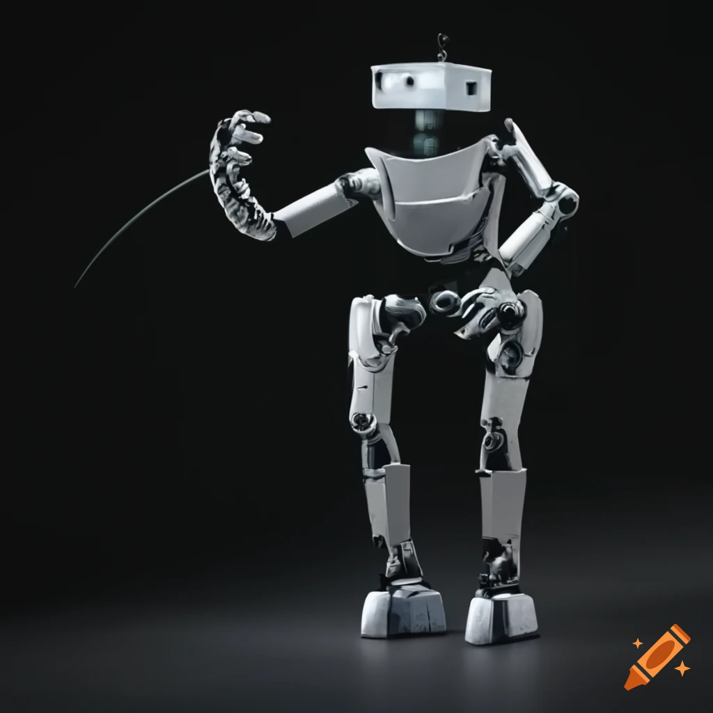 The robot stands sideways