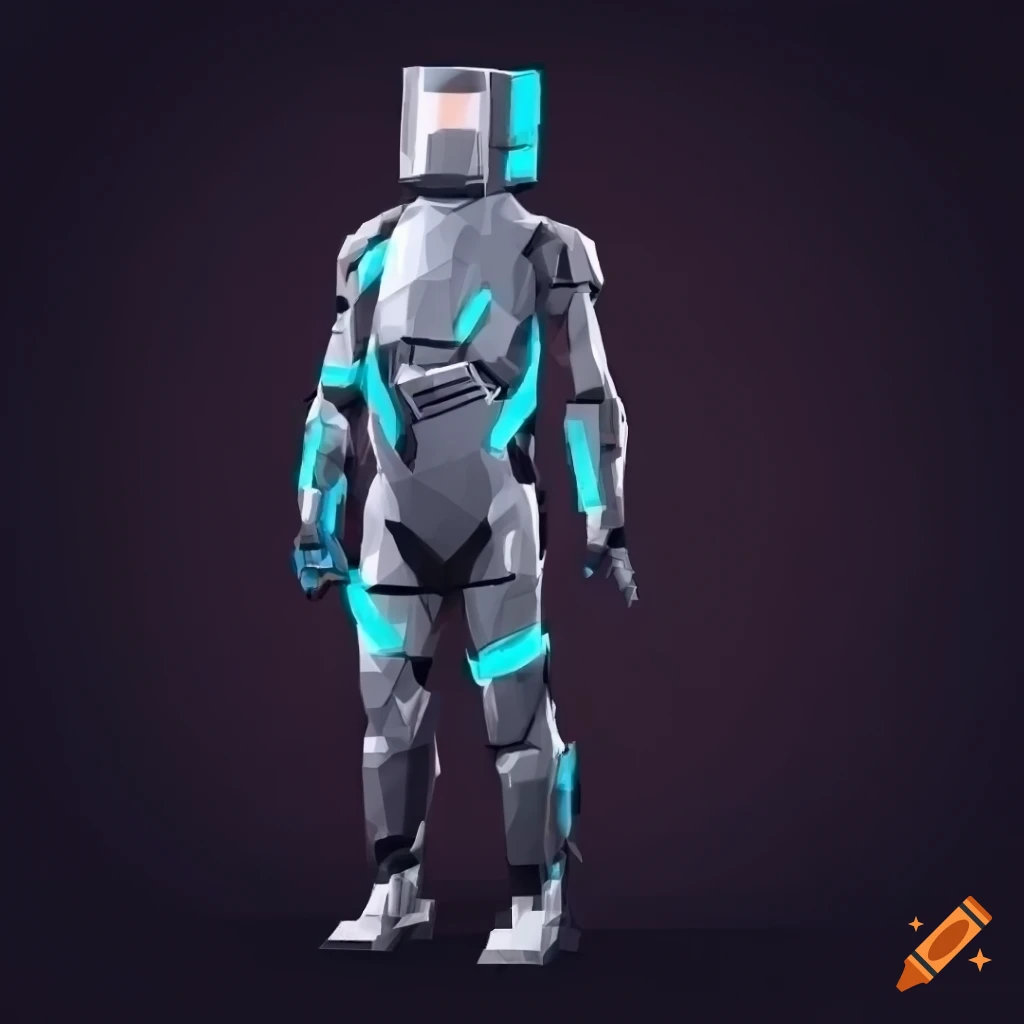 A human low poly game character in a high tech suit with a techy gun on ...
