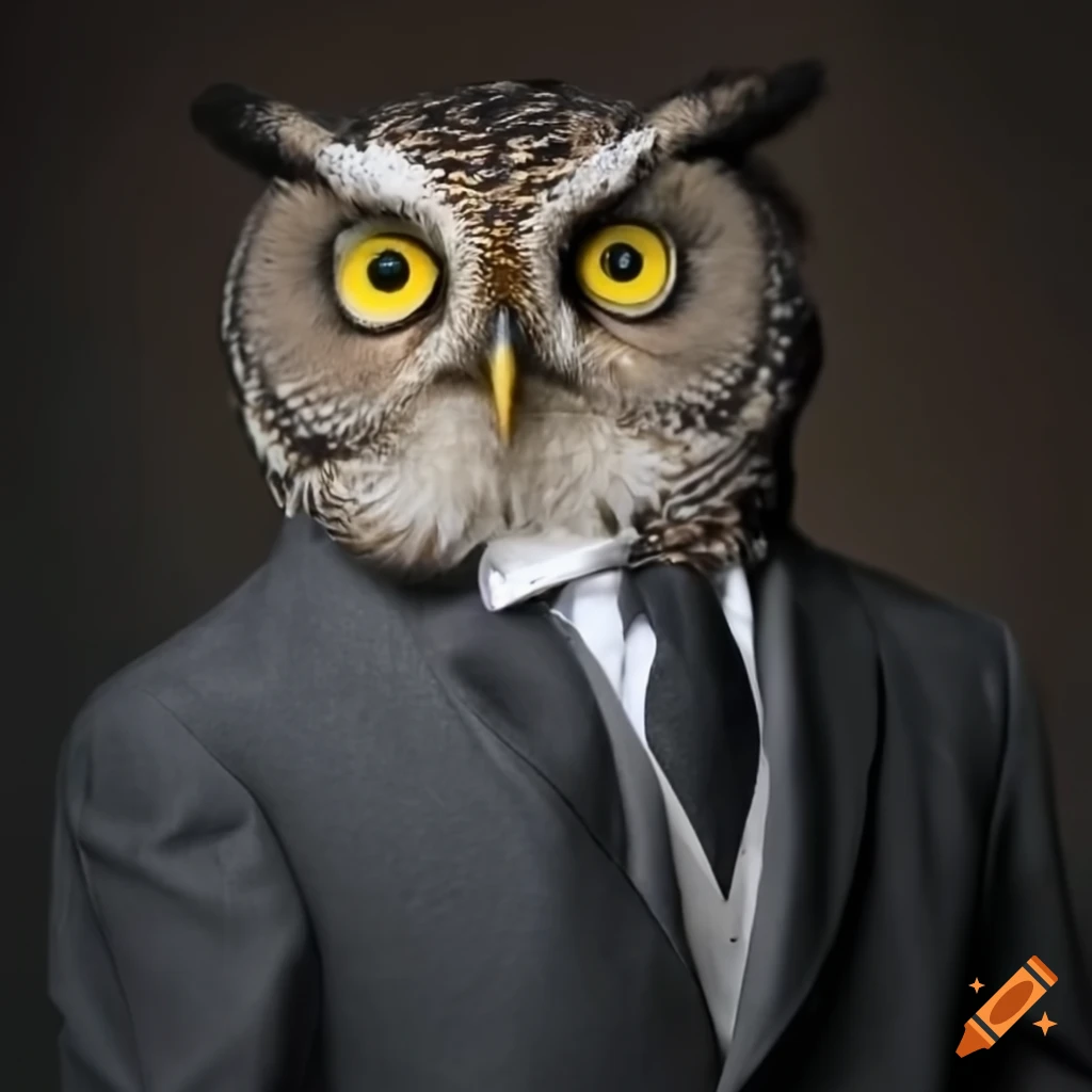 Owl wearing a suit on Craiyon