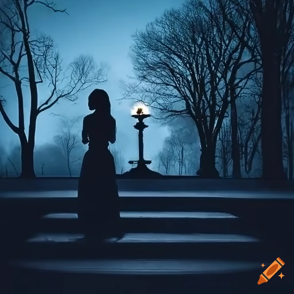 A bandstand in a park at twilight. The Moon casts eerie shadows on ...