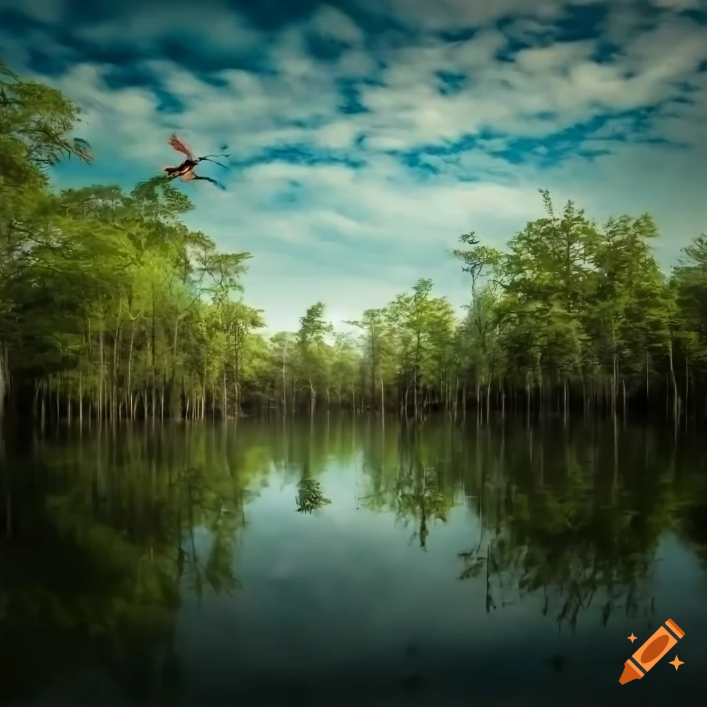 Ultra wide photograph of a huge forest swamp landscape with birds ...