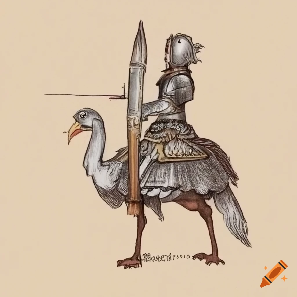Medieval drawing. knight with lance riding a two headed ostrich on Craiyon