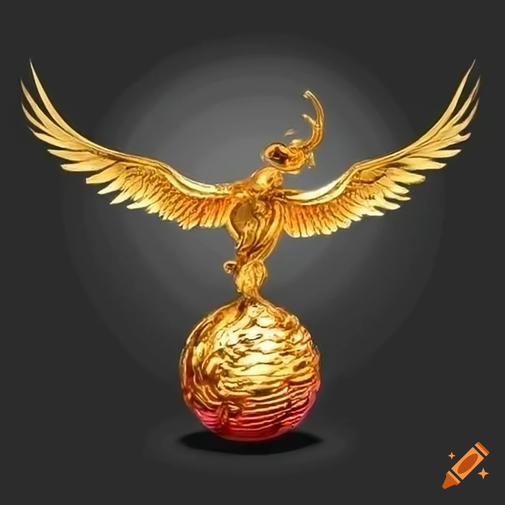 Gold phoenix curled around an orb, styled like a pendant or family ...