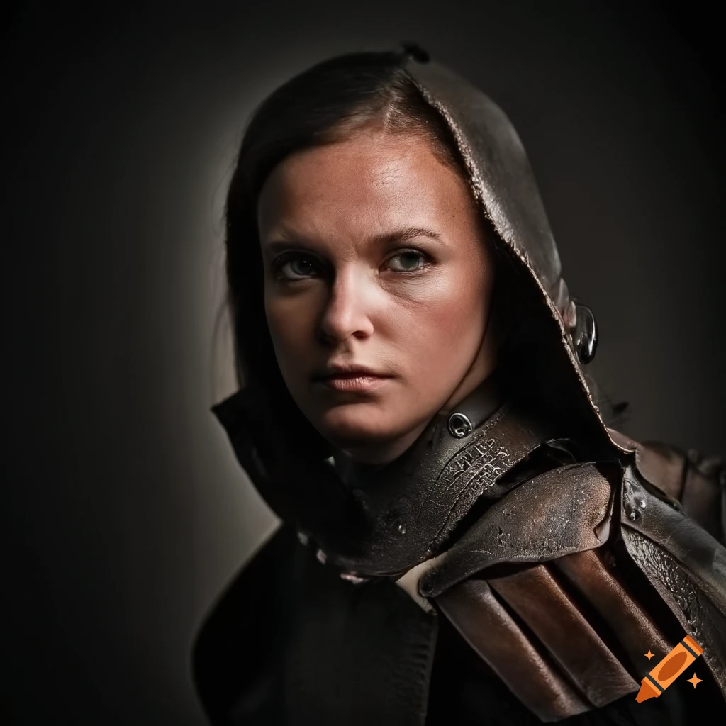 Portrait of a woman wearing leather armor, facial symmetry, striking ...