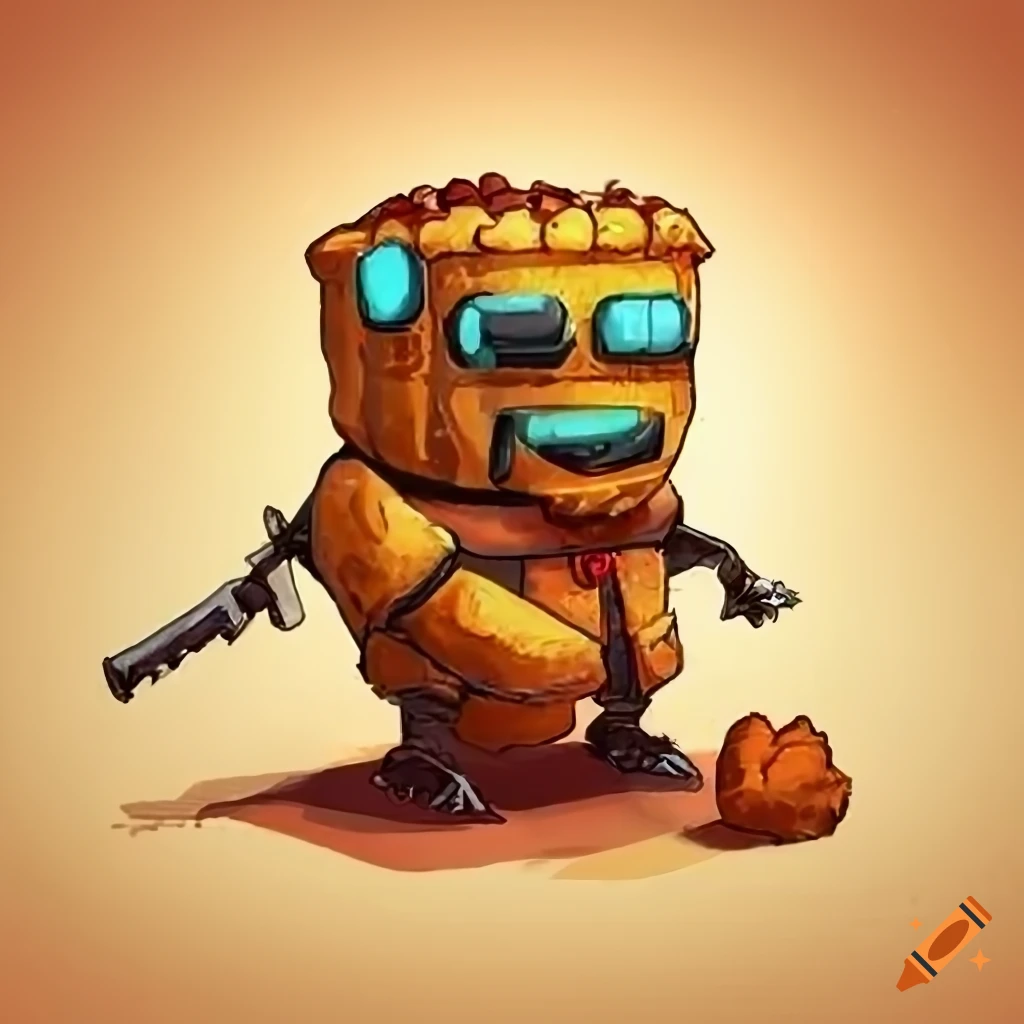 Concept art for a chicken nugget bot boss on Craiyon