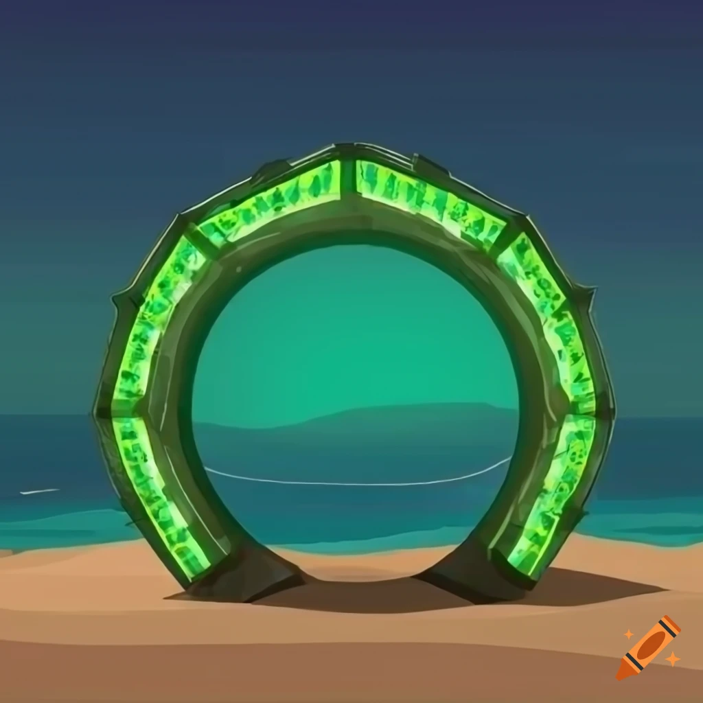 A green colored stargate standing in the middle of a beach with a ...