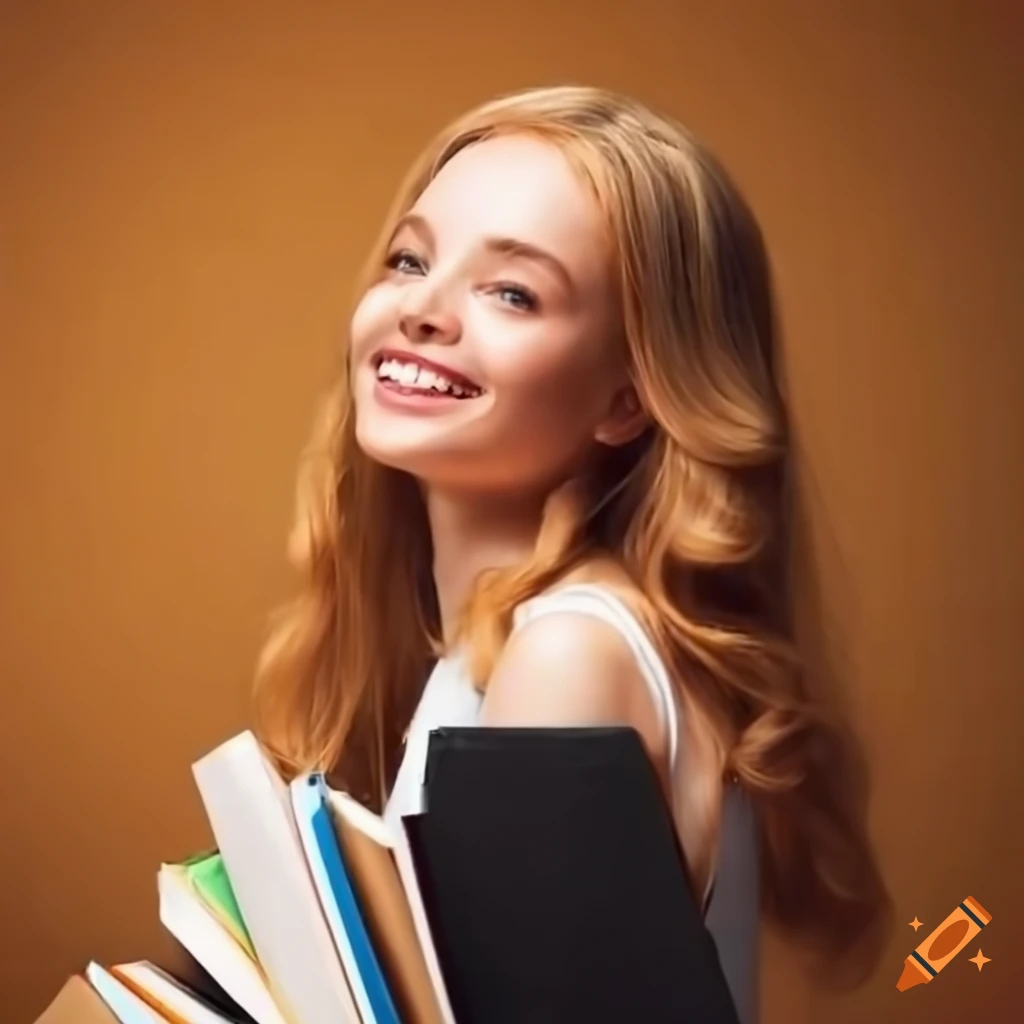 Happy Beautiful Woman Shoulder Length Honey Blonde Hair Carrying Books