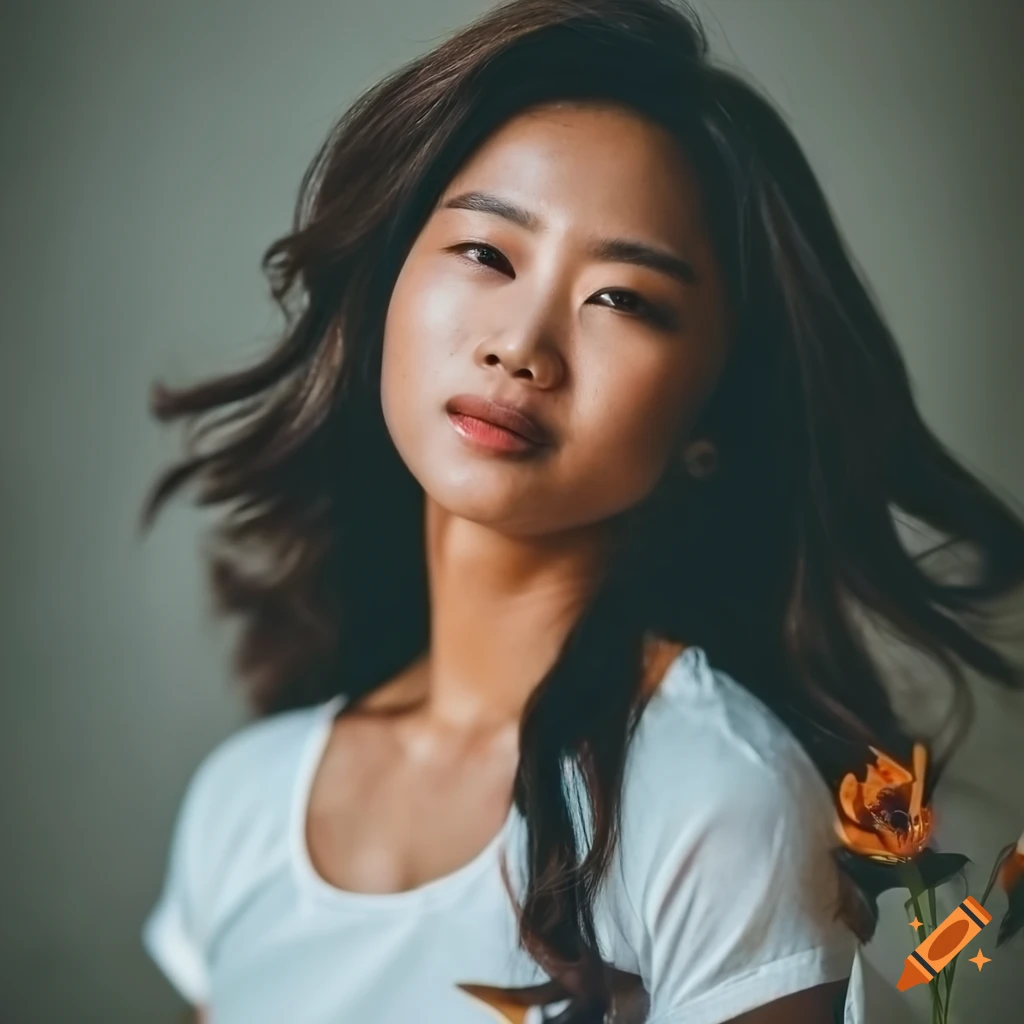 Muscular asian bodybuilder woman wearing white t-shirt, surrounded by ...