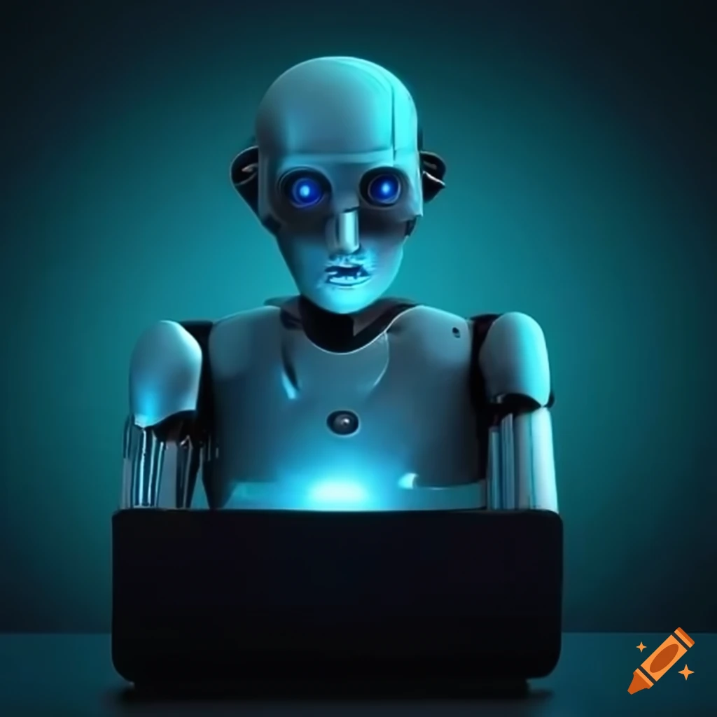 Robot sitting at computer