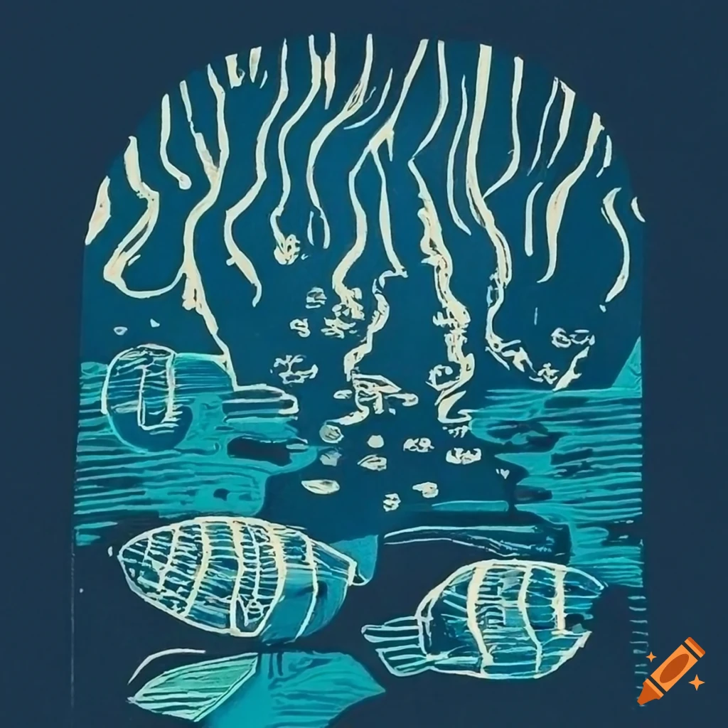 An underwater city, depicted in linocut style on Craiyon