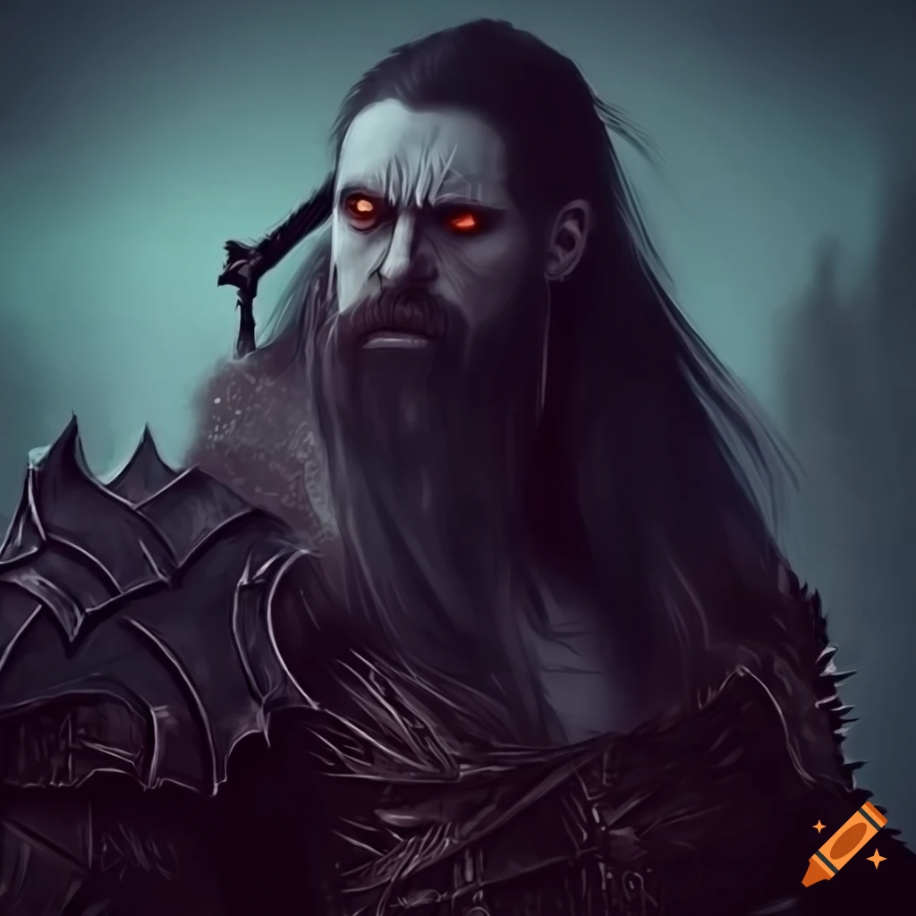 Bearded dark paladin barbarian turning vampire in gothic misty ...