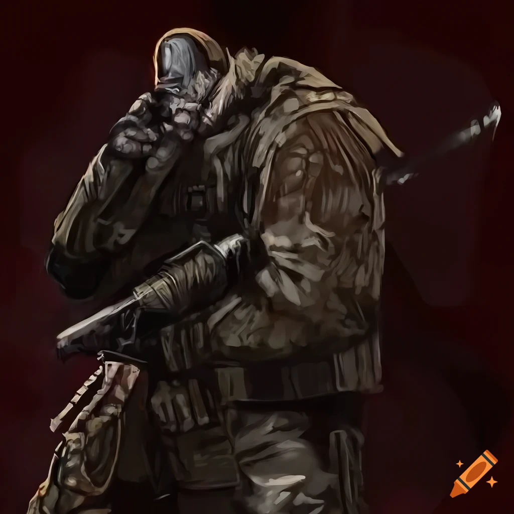 Digital painting of a large powerful armored warrior in a warzone ...
