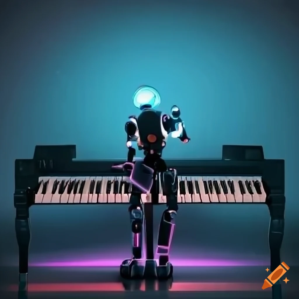 A sleek robot musician performing on a glowing piano