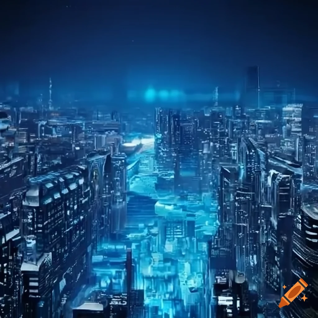 A futuristic cityscape dissolving into floating blue binary code