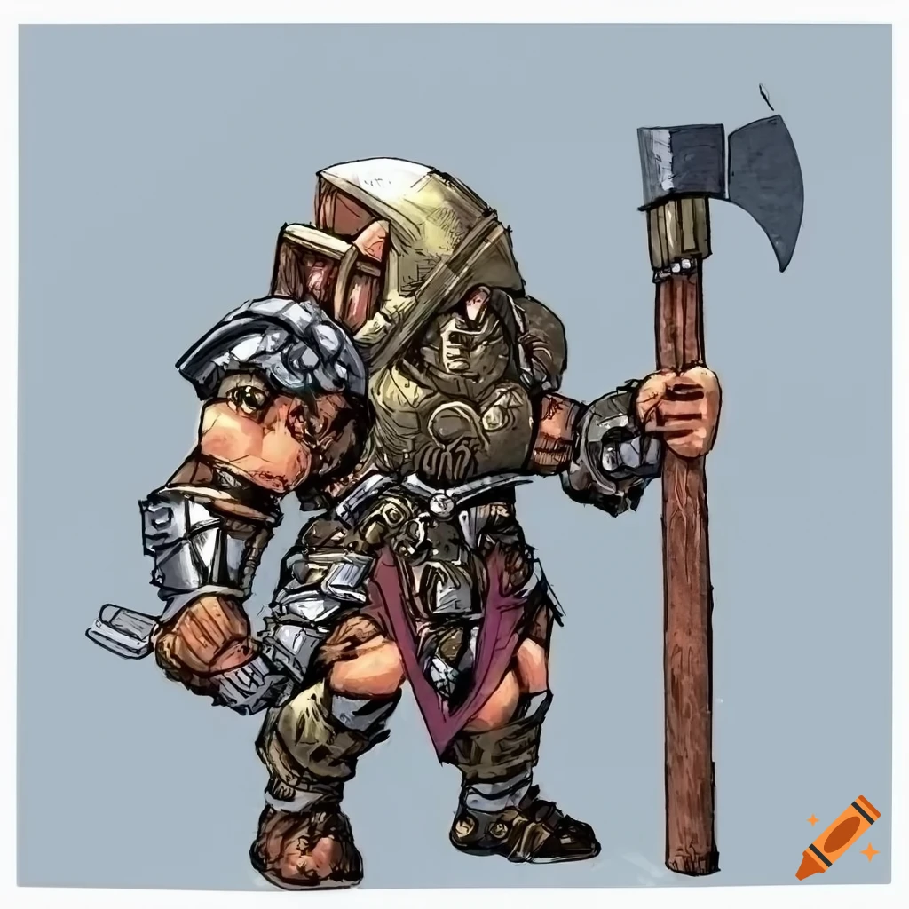 Dwarf gladiator wearing ornate heavy full metal armor and welding an ...