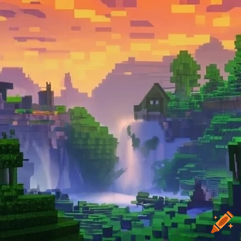 A landscape in a mineccraft style that includes a house and a waterfall ...
