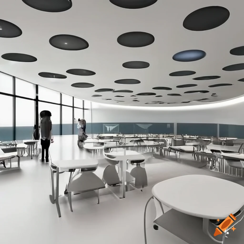 A futuristic school cafeteria with modern design and technology on Craiyon