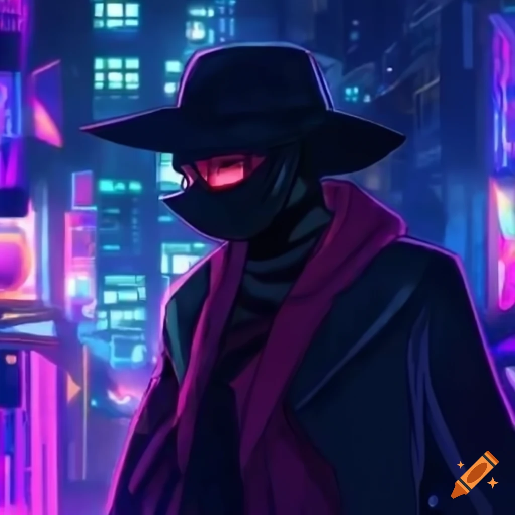 In anime style a mysterious cyberpunk male-hacker in a wide-brimmed ...