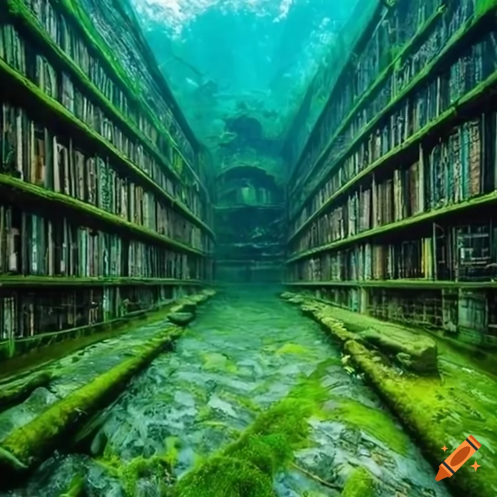 An abandoned underwater library covered in lush green moss on Craiyon