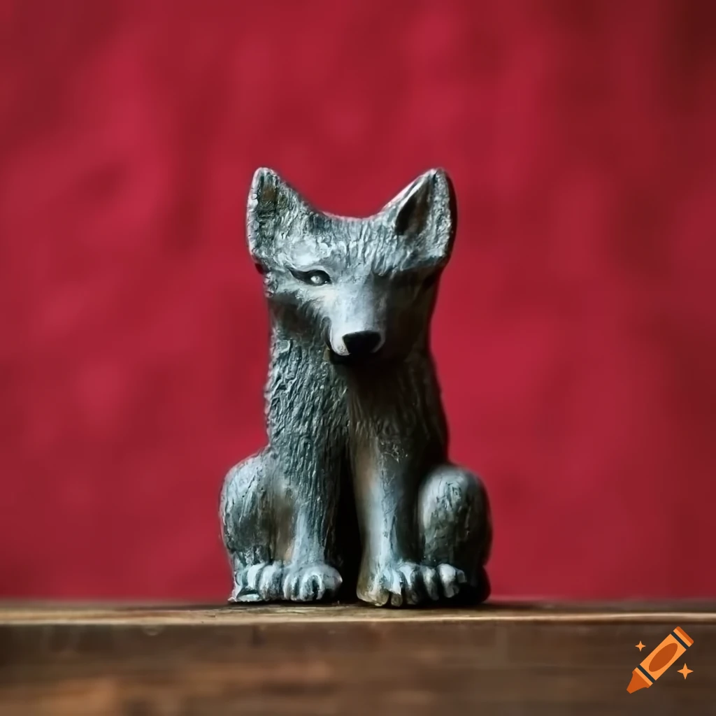 Small simple wolf statuette on an old wooden counter on a red cloth