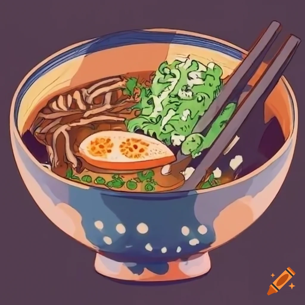 Traditional japanese art of a ramen bowl in studio ghibli style