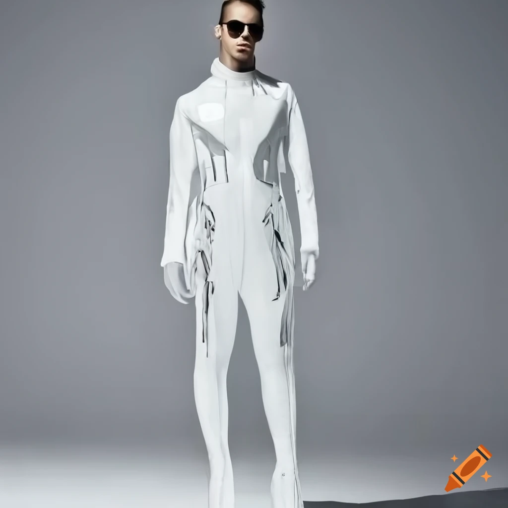 Futur man in a fashionable futuristic white jumpsuit ...