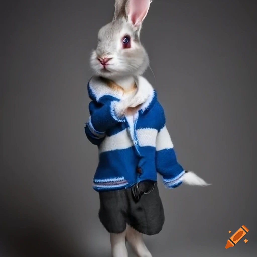 Portrait of anthropomorphic rabbit wearing cardigan