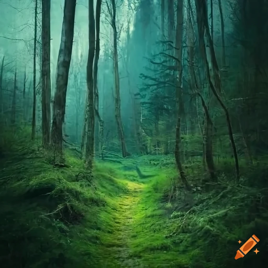 Mystical old overgrown three-pronged path in the nordic forest on Craiyon