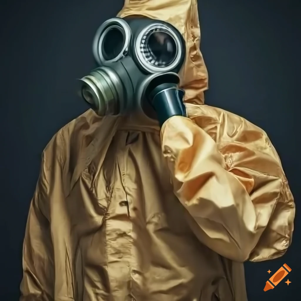 Person in hazmat brown suit with gas mask raising only one fist, with a ...