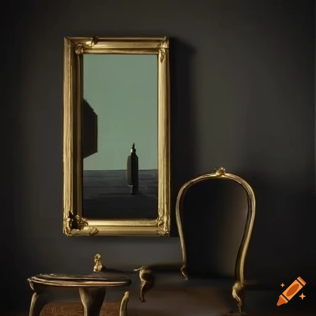 A dark room filled with mirrors in the style of rene magritte