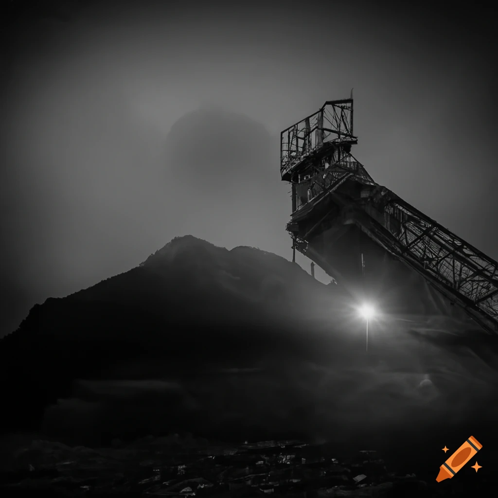 Striking monochromatic photograph of a coal mine in the night on Craiyon